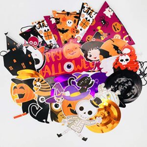 2023 Halloween Banner Party Decoration（Pre-Assembled）Cute Halloween Garland Bunting Banner Triangle Flag with Foil Swirl Ceiling Hanging Cards, Pumpkin Ghost Witches Bat Spider Skull Sticker