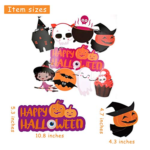 2023 Halloween Banner Party Decoration（Pre-Assembled）Cute Halloween Garland Bunting Banner Triangle Flag with Foil Swirl Ceiling Hanging Cards, Pumpkin Ghost Witches Bat Spider Skull Sticker