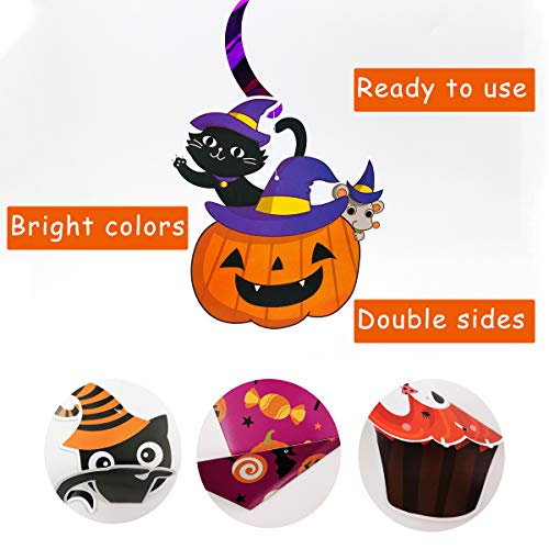 2023 Halloween Banner Party Decoration（Pre-Assembled）Cute Halloween Garland Bunting Banner Triangle Flag with Foil Swirl Ceiling Hanging Cards, Pumpkin Ghost Witches Bat Spider Skull Sticker