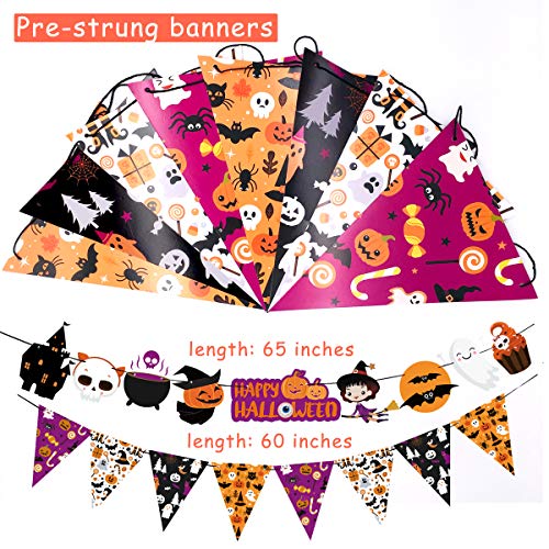 2023 Halloween Banner Party Decoration（Pre-Assembled）Cute Halloween Garland Bunting Banner Triangle Flag with Foil Swirl Ceiling Hanging Cards, Pumpkin Ghost Witches Bat Spider Skull Sticker