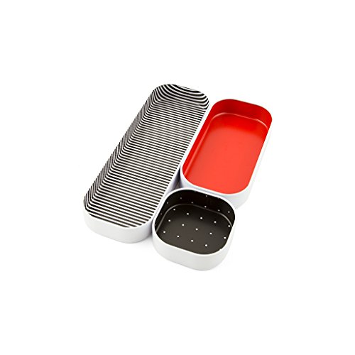 Three by Three Seattle 3 Piece Shallow Metal Organizer Tray Set for Storing Makeup, Stationery, Utensils, and More in Office Desk, Kitchen and Bathroom Drawers (1 Inch, Red Dots and Stripes)