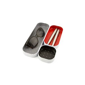 Three by Three Seattle 3 Piece Shallow Metal Organizer Tray Set for Storing Makeup, Stationery, Utensils, and More in Office Desk, Kitchen and Bathroom Drawers (1 Inch, Red Dots and Stripes)