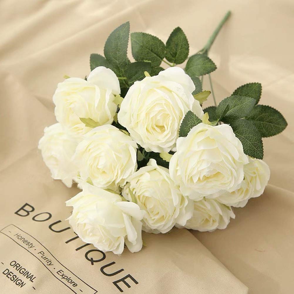 Jasion Artificial Roses Flowers 10 Heads Arrangement Silk Bouquet for Home Office Parties Bridal and Wedding Decoration (White)