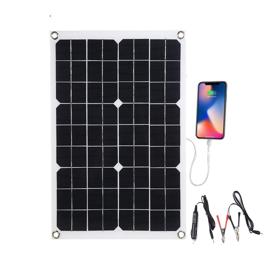 Lixada Solar Panel Charger USB Port Portable High Power Monocrystalline Solar Panel Phone USB Devices Charger & Car Battery Charging Clip Line for Cell Phone Camping RV Boat Marine - 20Watt