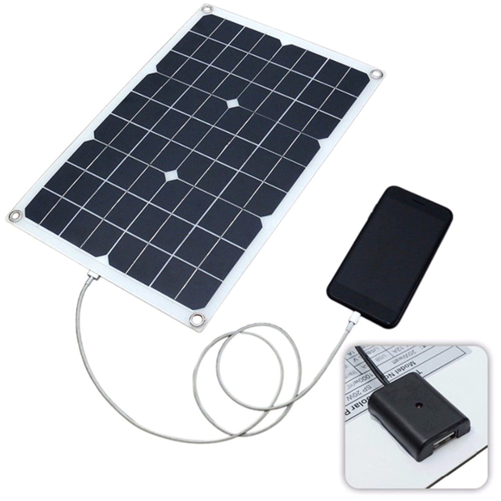 Lixada Solar Panel Charger USB Port Portable High Power Monocrystalline Solar Panel Phone USB Devices Charger & Car Battery Charging Clip Line for Cell Phone Camping RV Boat Marine - 20Watt