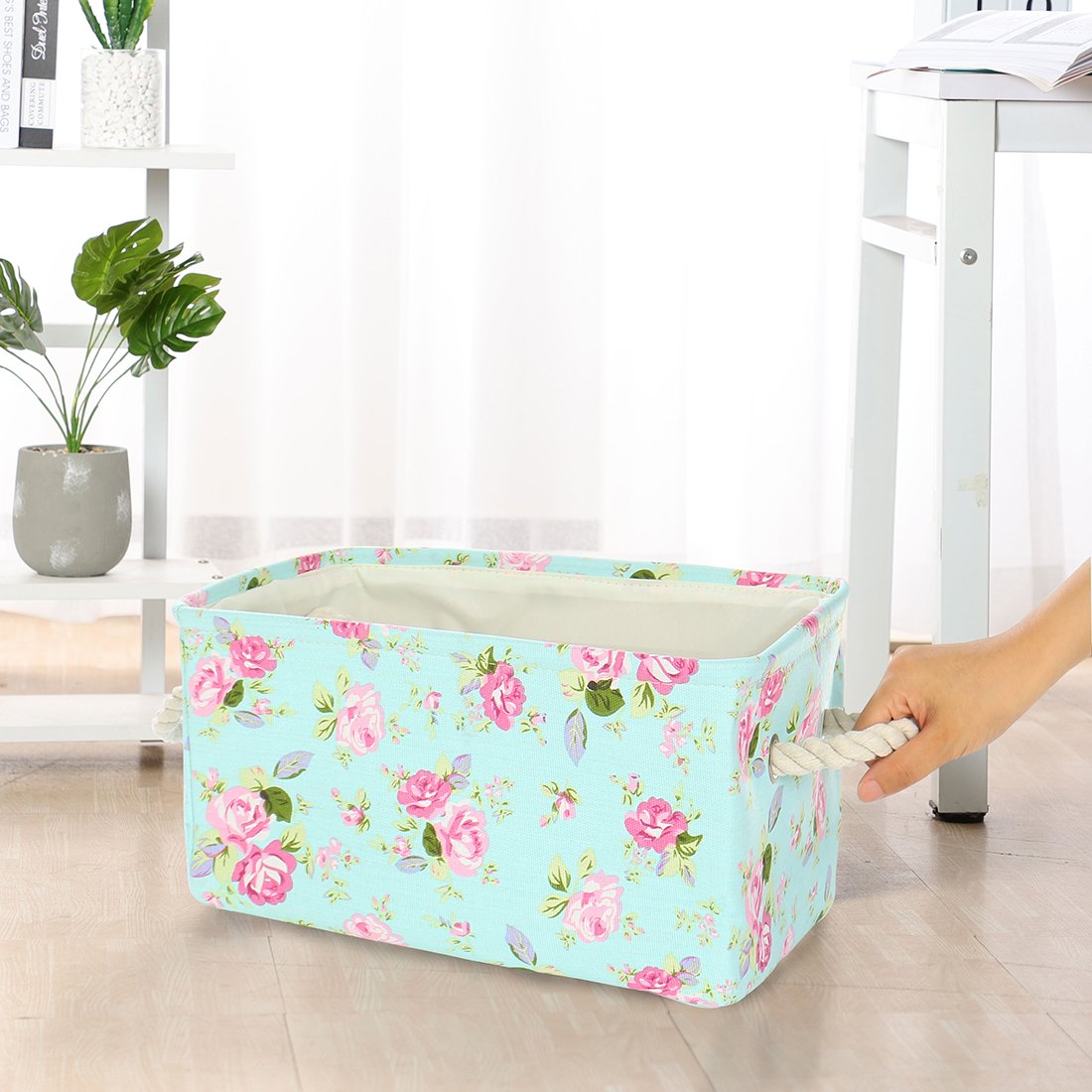 uxcell Storage Basket Bin with Rope Handles, Decorative Fabric Laundry Basket for Clothes Toy Closet Organizer,Floral (Medium -15.7"x11.8"x8.3")