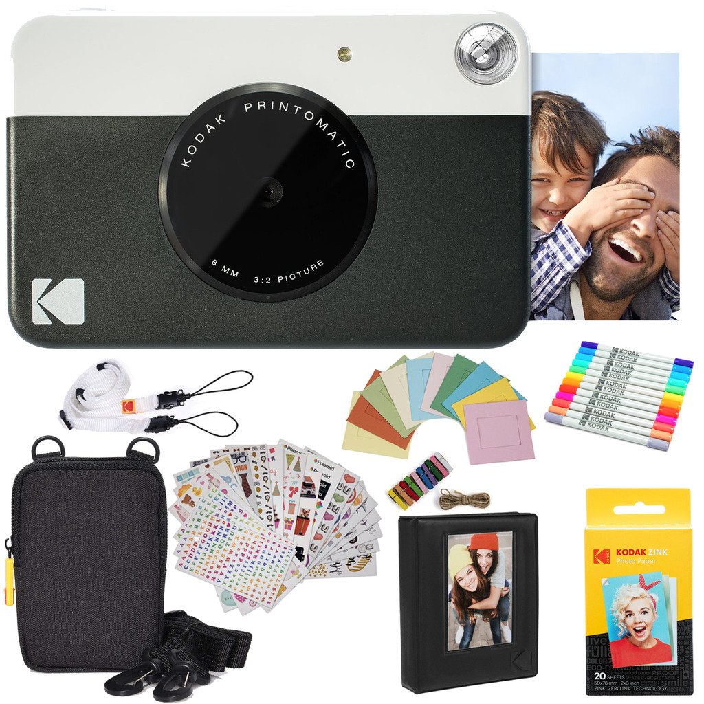 Kodak Printomatic Instant Camera (Black) Gift Bundle + Zink Paper (20 Sheets) + Deluxe Case + 7 Fun Sticker Sets + Twin Tip Markers + Photo Album.