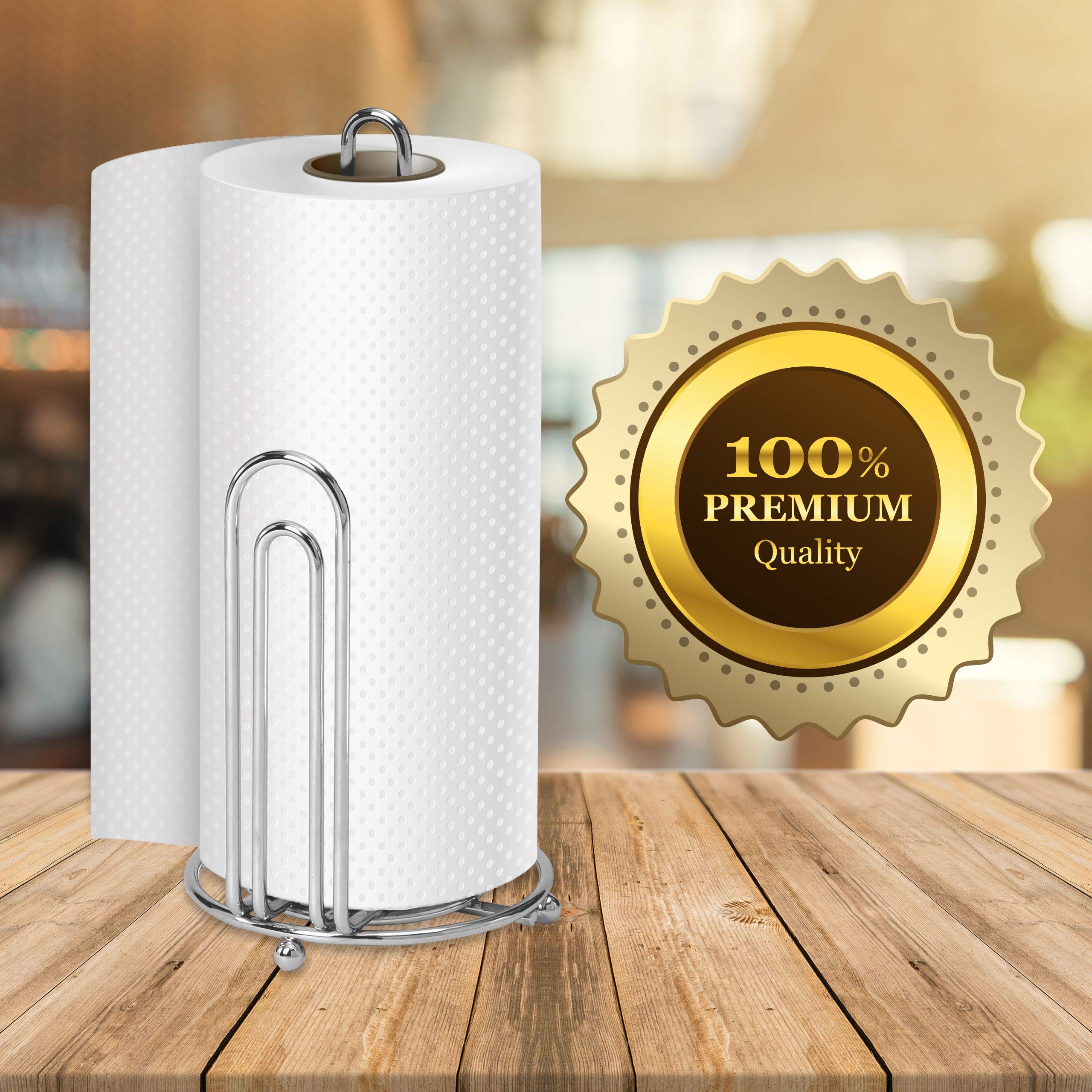 BaHoki Essentials Metal Paper Towel Holder - Countertop Dispenser for Contemporary Modern or Classic Kitchen and Bathroom - Accommodates All Roll Sizes (Silver)