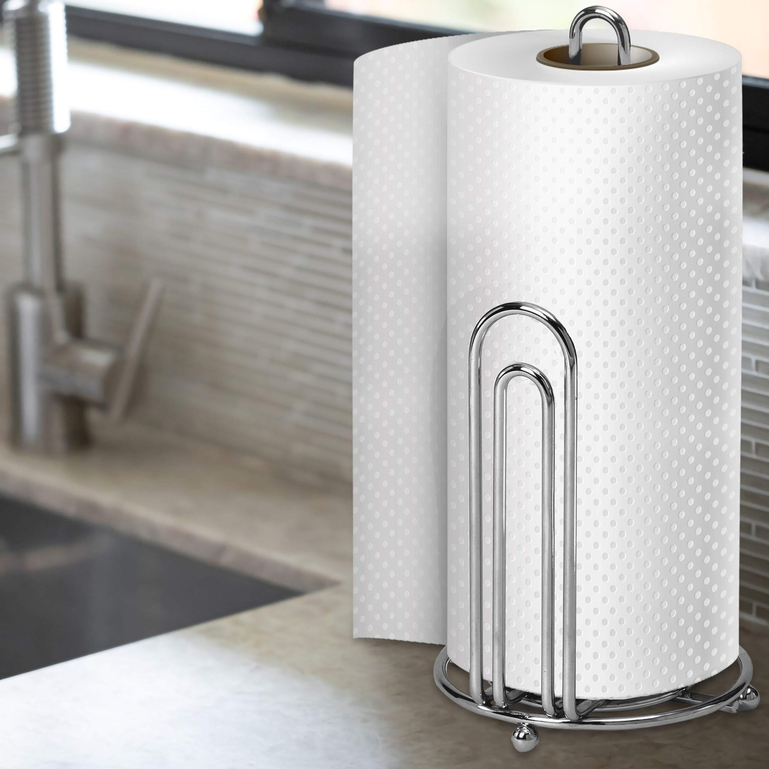 BaHoki Essentials Metal Paper Towel Holder - Countertop Dispenser for Contemporary Modern or Classic Kitchen and Bathroom - Accommodates All Roll Sizes (Silver)