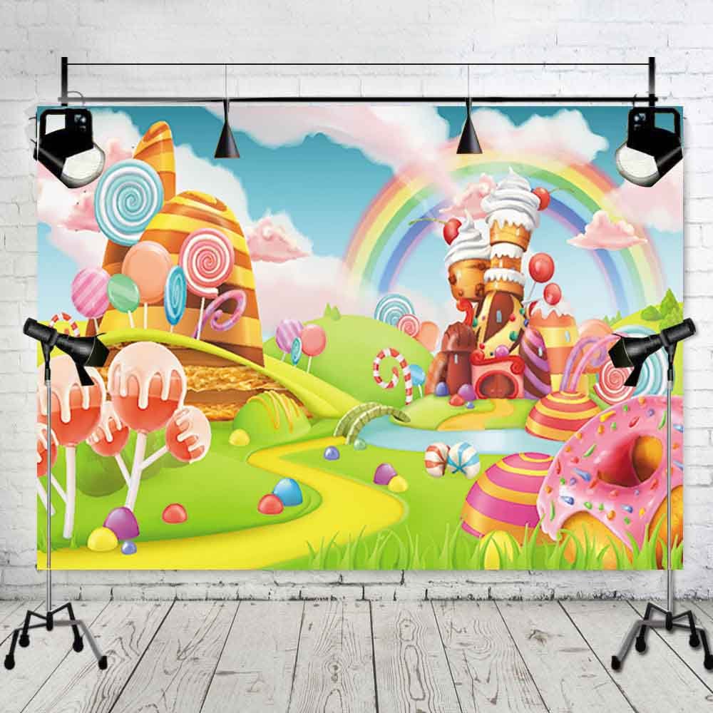 Qian Lollipop Backdrops Cartoon Candy Photo Rainbow Studio Props Booth Baby Birthday Party Photography Background Vinyl 5x3FT ly020