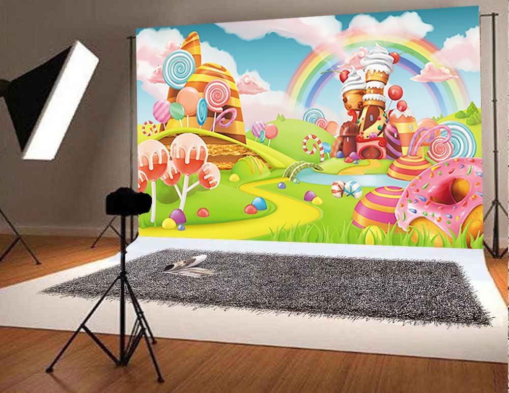 Qian Lollipop Backdrops Cartoon Candy Photo Rainbow Studio Props Booth Baby Birthday Party Photography Background Vinyl 5x3FT ly020