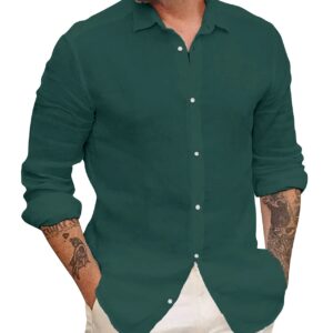 Mens Button Up Shirts Linen Beach Long Sleeve Casual Cotton Summer Lightweight Tops