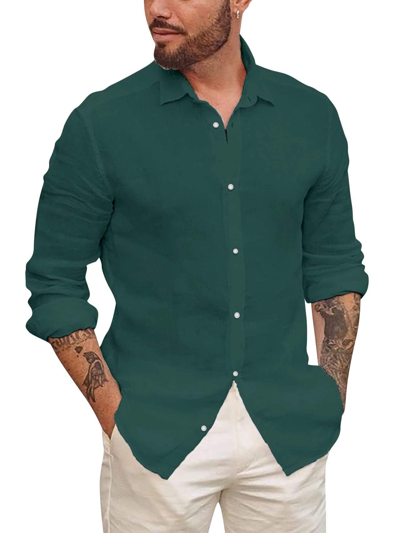 Mens Button Up Shirts Linen Beach Long Sleeve Casual Cotton Summer Lightweight Tops