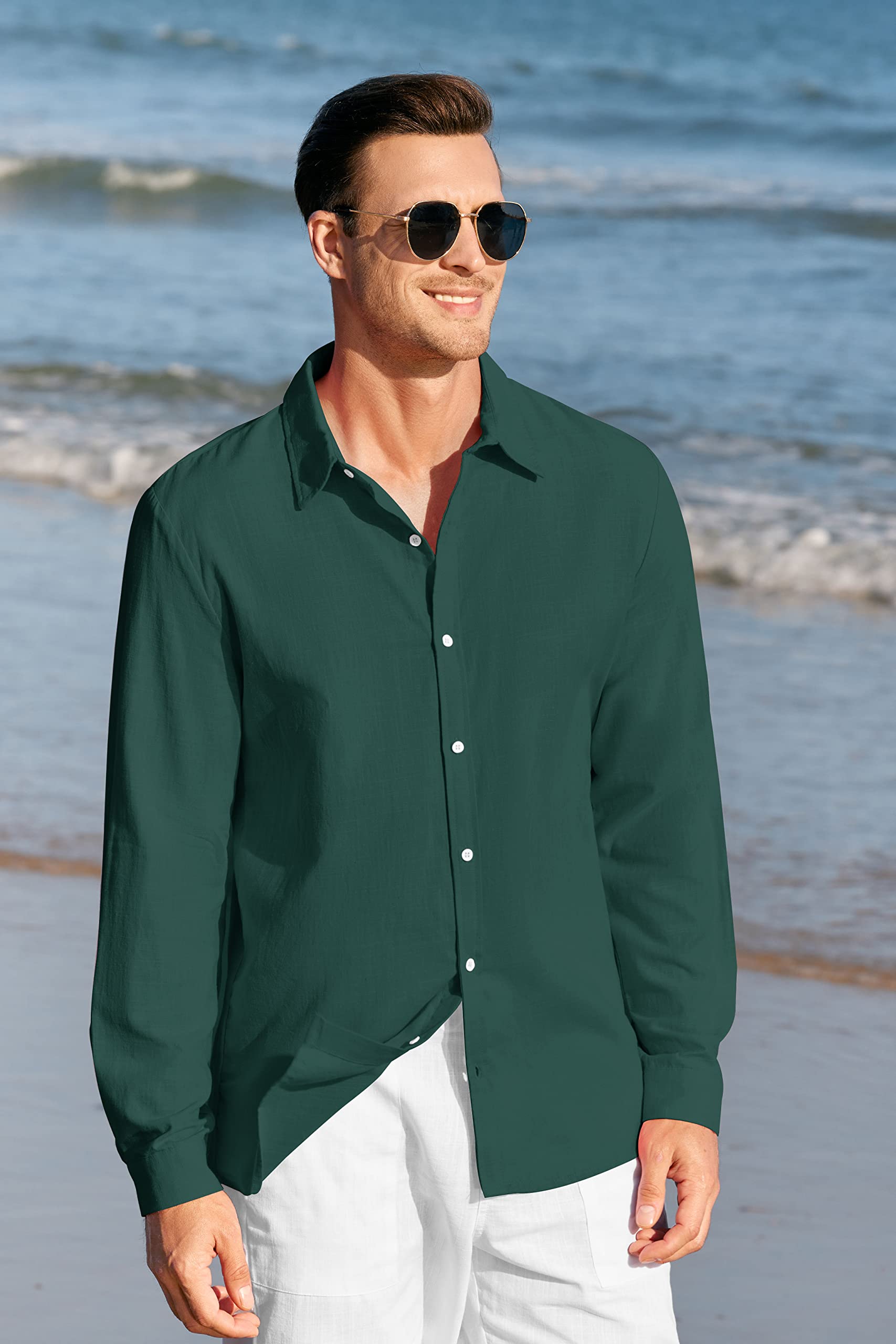 Mens Button Up Shirts Linen Beach Long Sleeve Casual Cotton Summer Lightweight Tops