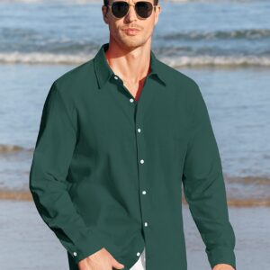 Mens Button Up Shirts Linen Beach Long Sleeve Casual Cotton Summer Lightweight Tops