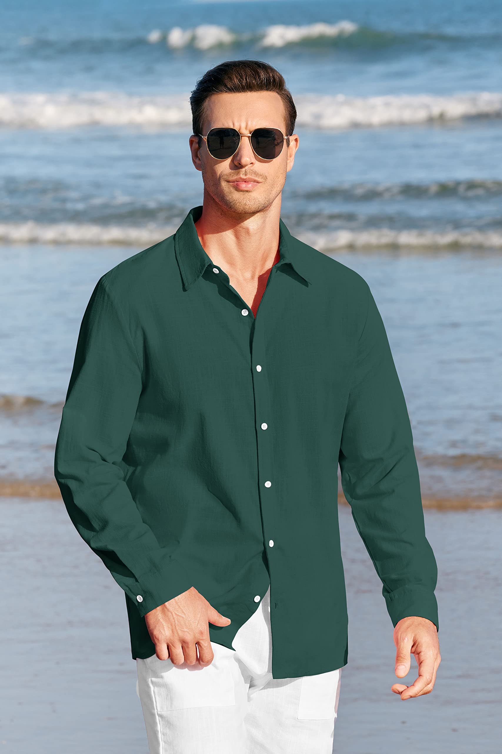 Mens Button Up Shirts Linen Beach Long Sleeve Casual Cotton Summer Lightweight Tops