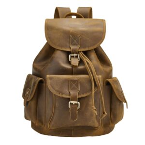 brass tacks leathercraft backpack for men women vintage crazy horse full leather travel daypack 15.6" laptop rucksack