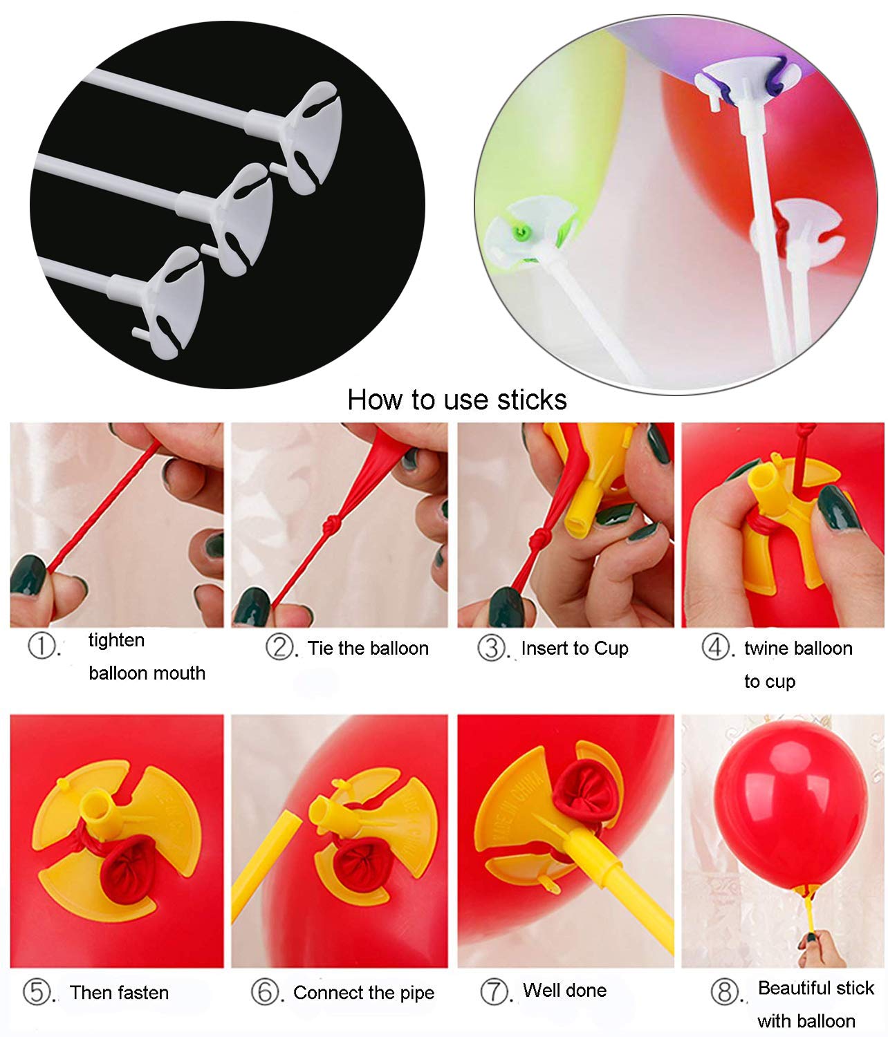 Horolas 100 Pieces Balloon Sticks Holders with Cups 16 Inch for Party, Birthday, Wedding, Anniversary Decoration, White