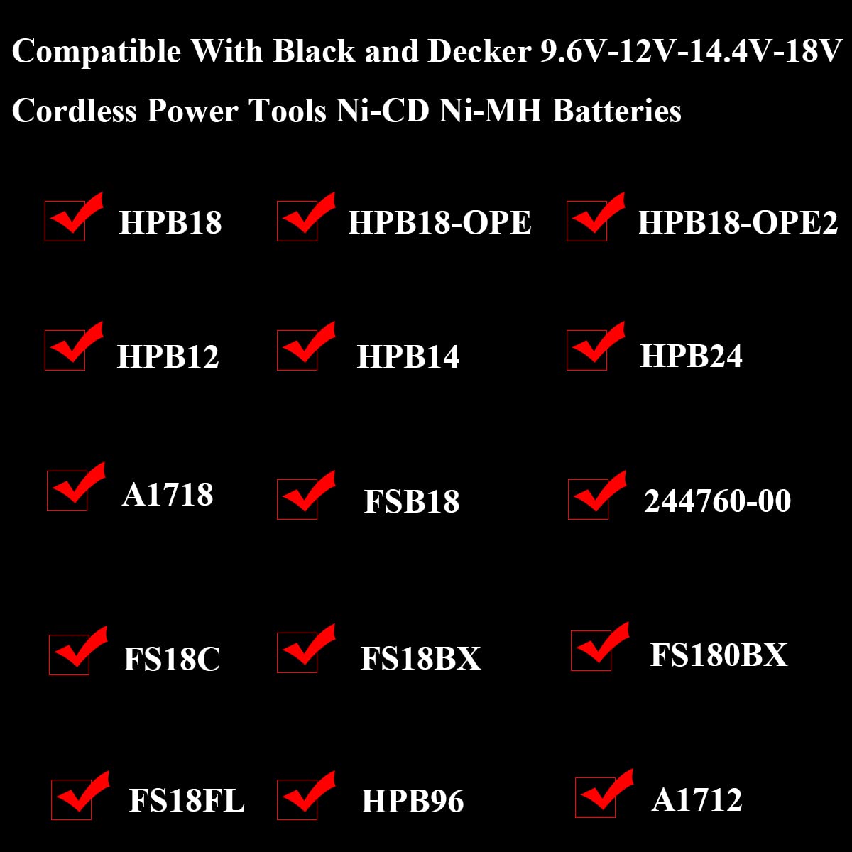 9.6V-18V NI-CD&NI-MH Multi Volt Battery Charger 90556254-01 Replace for Black&Decker 18V 14.4V 12V 9.6V Slide Battery HPB18-OPE HPB18 HPB14 HPB12 HPB96