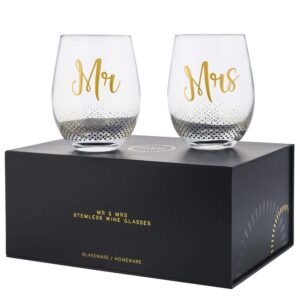 verre esprit mr and mrs wine glasses, stemless wedding glasses for bride and groom, bride and groom glasses with gold lettering, mr and mrs glasses set of 2, crystal wedding wine glasses