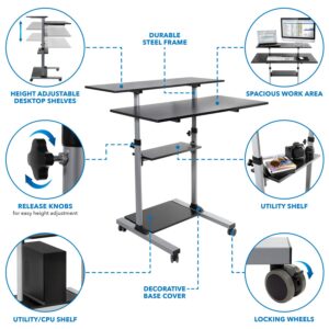 Mount-It! Mobile Standing Desk | Height Adjustable Rolling Desk with 40 Wide Table Tops | Multi-Purpose Rolling Presentation Cart with Four Platforms | (MI-7970)