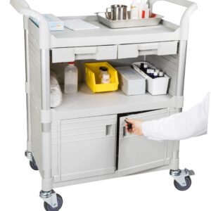 JaboEquip, Larger 3 Shelf Heavy Duty Lockable Hospital cart Medical cart, Utility Cart 606 lbs for Medical, L34.43xD19.69xH40.55 inch, Off-White (Light Grey) Color