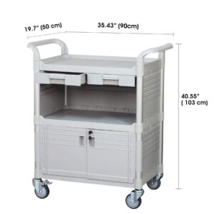 JaboEquip, Larger 3 Shelf Heavy Duty Lockable Hospital cart Medical cart, Utility Cart 606 lbs for Medical, L34.43xD19.69xH40.55 inch, Off-White (Light Grey) Color