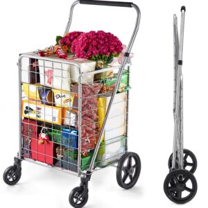 Wellmax Grocery Shopping Cart with Adjustable Handle and Swivel Wheels, Heavy Duty Foldable and Collapsible Utility Cart