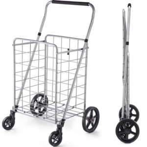 Wellmax Grocery Shopping Cart with Adjustable Handle and Swivel Wheels, Heavy Duty Foldable and Collapsible Utility Cart