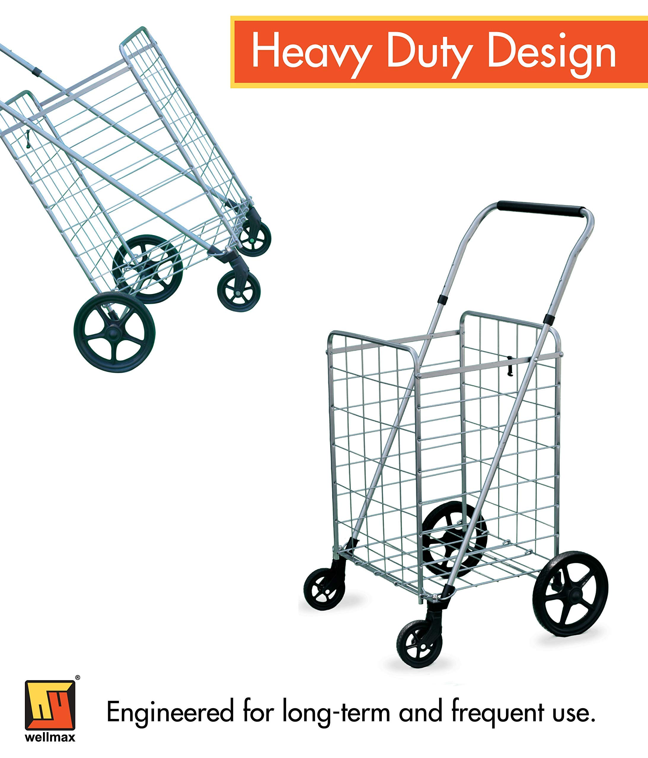 Wellmax Grocery Shopping Cart with Adjustable Handle and Swivel Wheels, Heavy Duty Foldable and Collapsible Utility Cart