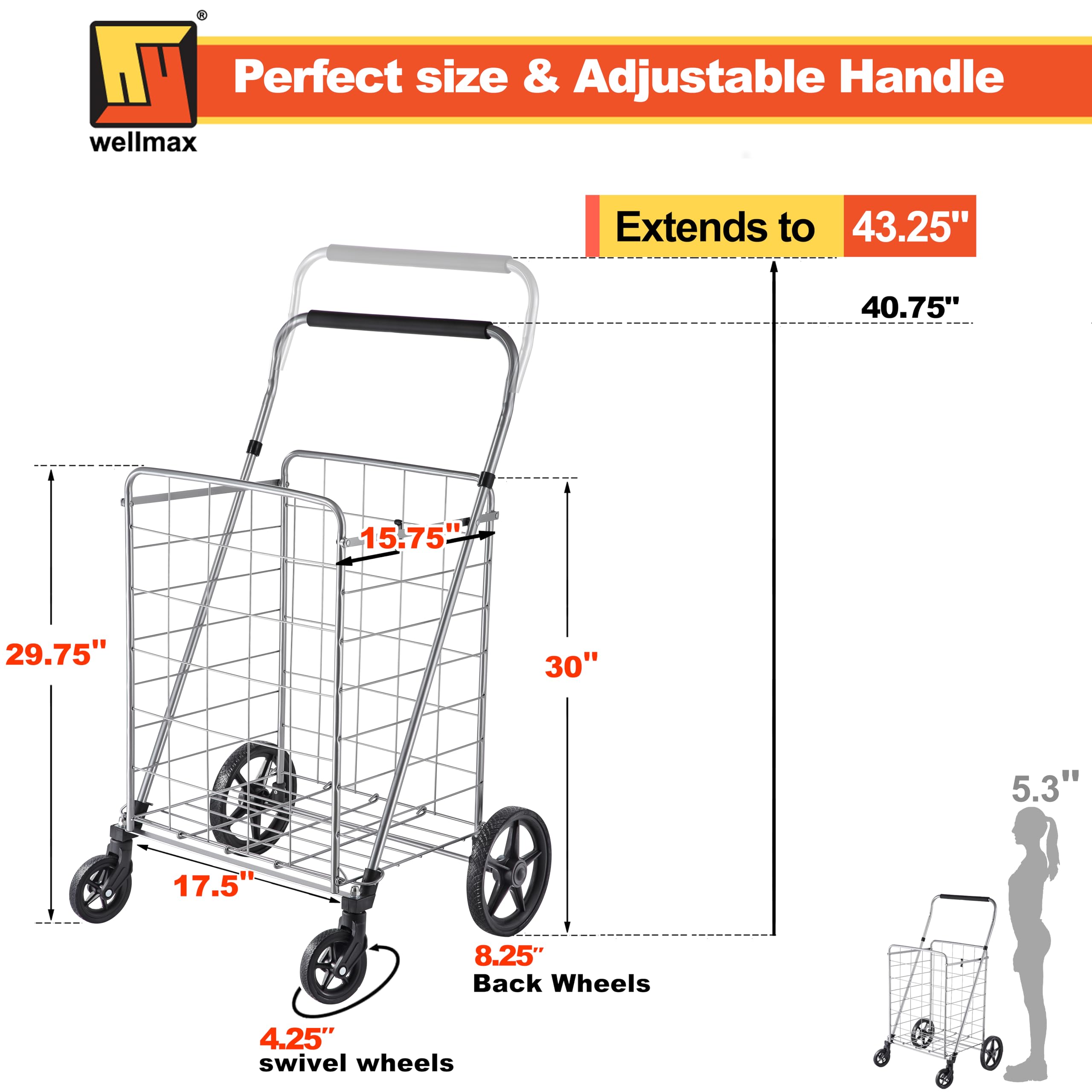 Wellmax Grocery Shopping Cart with Adjustable Handle and Swivel Wheels, Heavy Duty Foldable and Collapsible Utility Cart