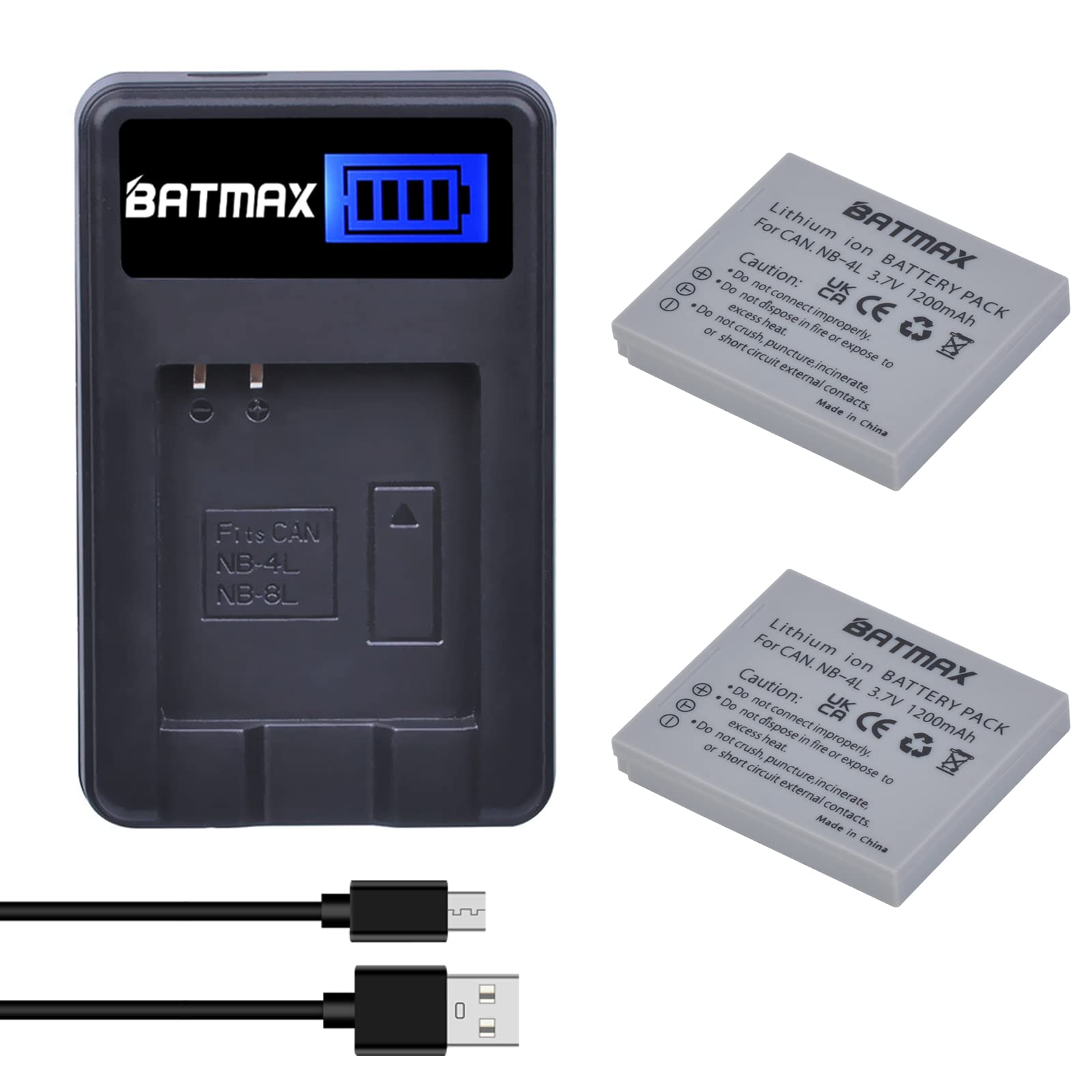 Batmax 2Pcs NB-4L Battery + LCD USB Charger for Canon PowerShot ELPH 100 HS,300 HS,SD400,SD600,SD750,SD780 is,SD960 is,SD1000,SD1100 is,310 HS,SD30,SD40,SD200,SD300