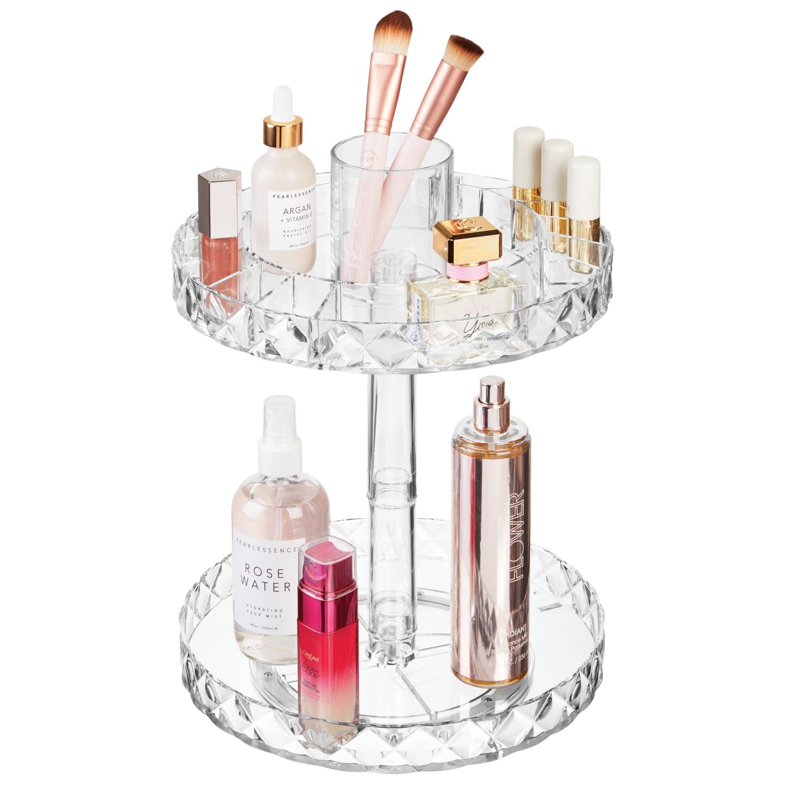 mDesign Spinning 2-Tier Lazy Susan Makeup Turntable Storage Center Tray - Rotating Organizer for Bathroom Vanity Counter Tops, Dressing Tables, Cosmetic Stations, Dressers - 10" Round - Clear