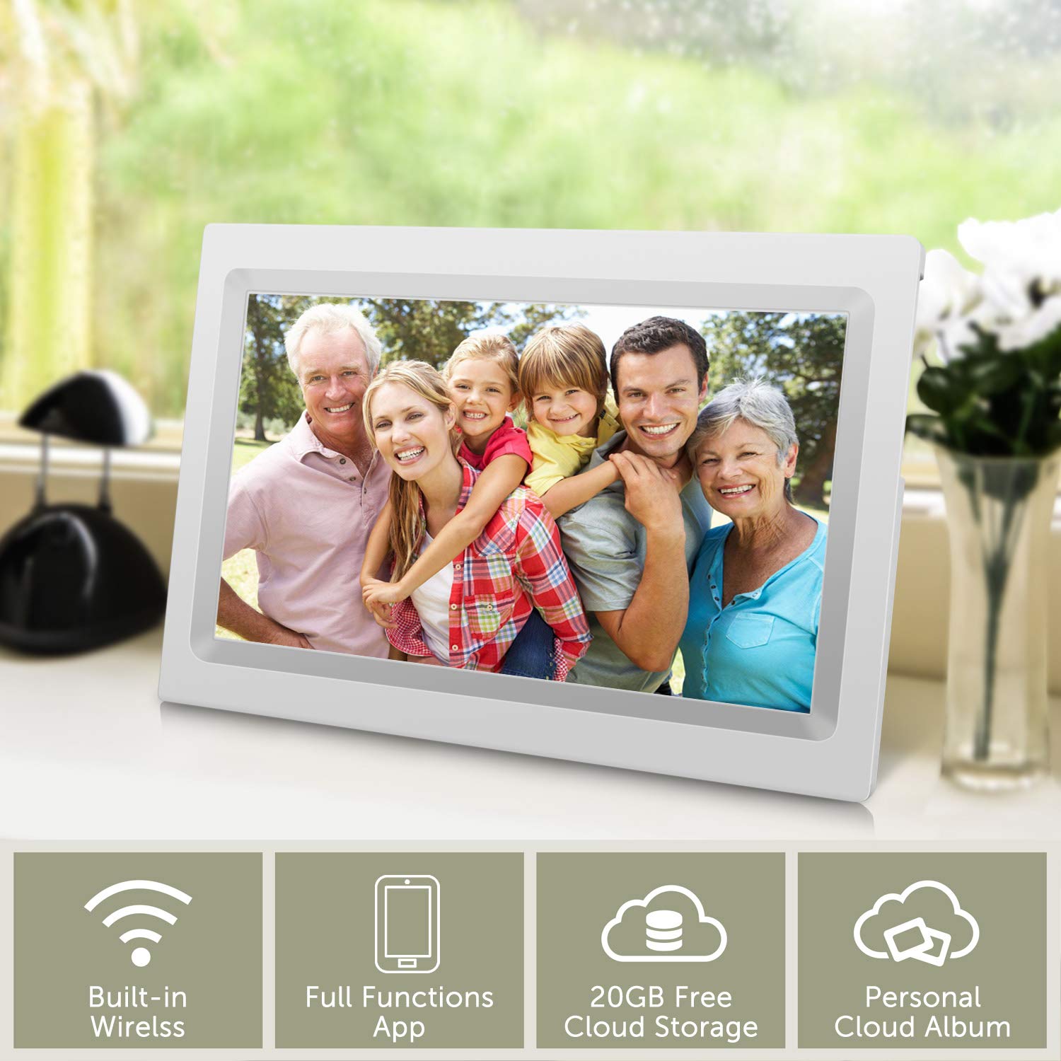 10" HD IPS Display Wi-Fi Cloud Frame, Touchscreen, Increased 20GB Free Cloud Storage, APP Send Real-time Photos, Social Media, Streaming Music and Movie