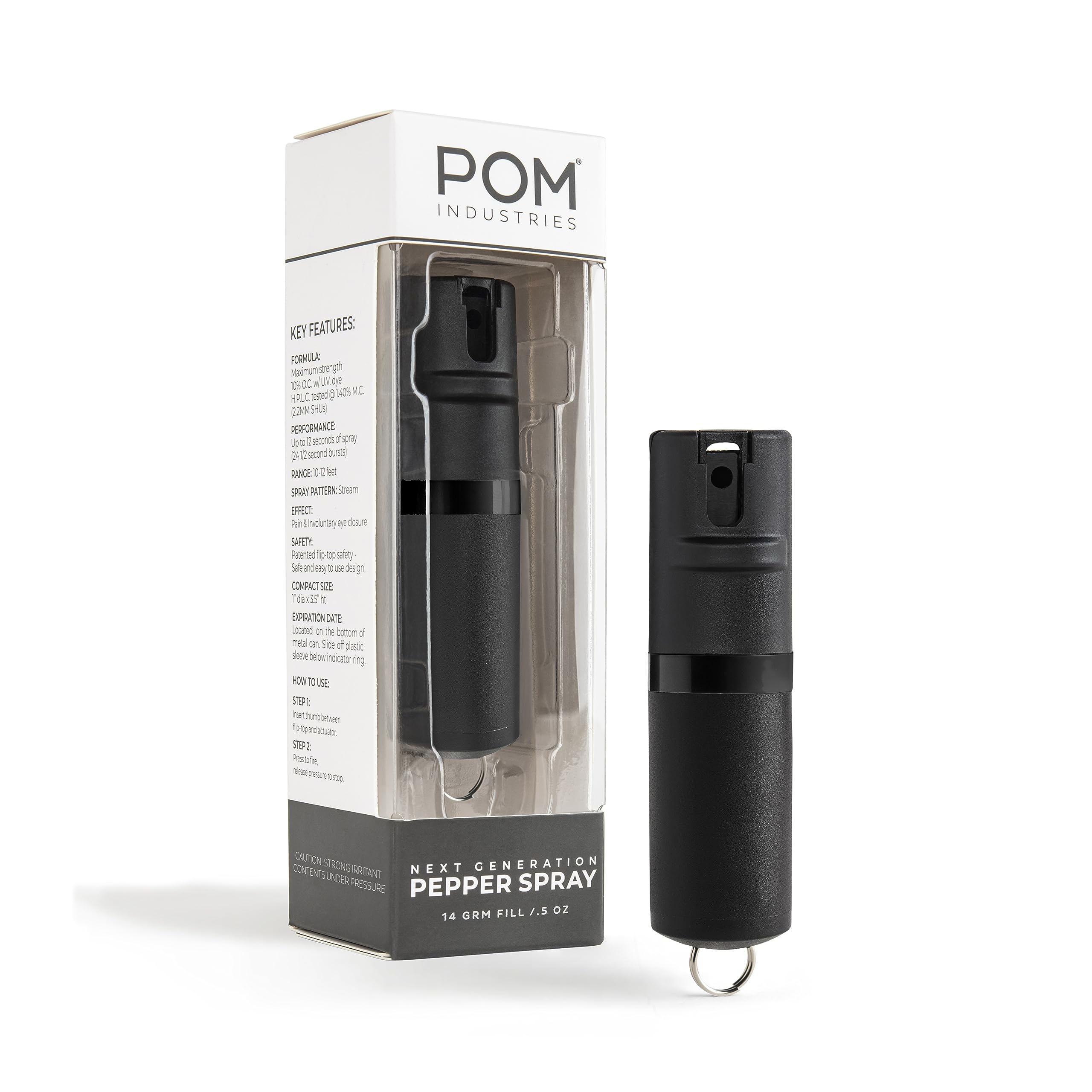 POM Pepper Spray Black Flip Top Keychain - Maximum Strength OC Spray Self Defense - Tactical Compact & Safe Design - Quick Key Release - 25 Bursts & 10 ft Range - Accurate Stream Pattern