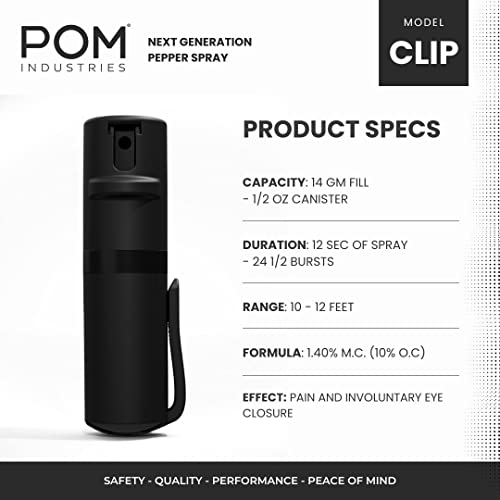 POM Pepper Spray Black Flip Top Pocket Clip - Maximum Strength OC Spray - Self Defense - Tactical Compact & Safe Design - 25 Bursts & 10 ft Range - Powerful & Accurate Stream Pattern