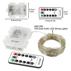 ER CHEN Color Changing Battery Operated Fairy Lights, 33ft 100 LED 8 Modes Silvery Copper Wire Twinkle String Lights with Remote/Timer for Bedroom, Patio, Wedding, Party (Warm White&Multicolor)