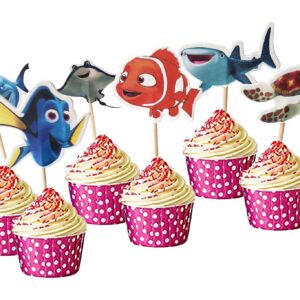 48 Pcs Cupcake Toppers for Finding Nemos Cake Toppers, Kids Birthday Party Cake Decoration Supplies