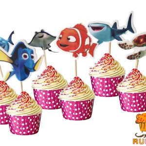 48 Pcs Cupcake Toppers for Finding Nemos Cake Toppers, Kids Birthday Party Cake Decoration Supplies