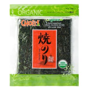 choi's 1 organic roasted seaweed, gim, sushi nori/ (50 full sheets)/ product of korea/ gold grade- vegan, keto, gluten free, full of fiber, vitamin, mineral, high protein, omega 3's