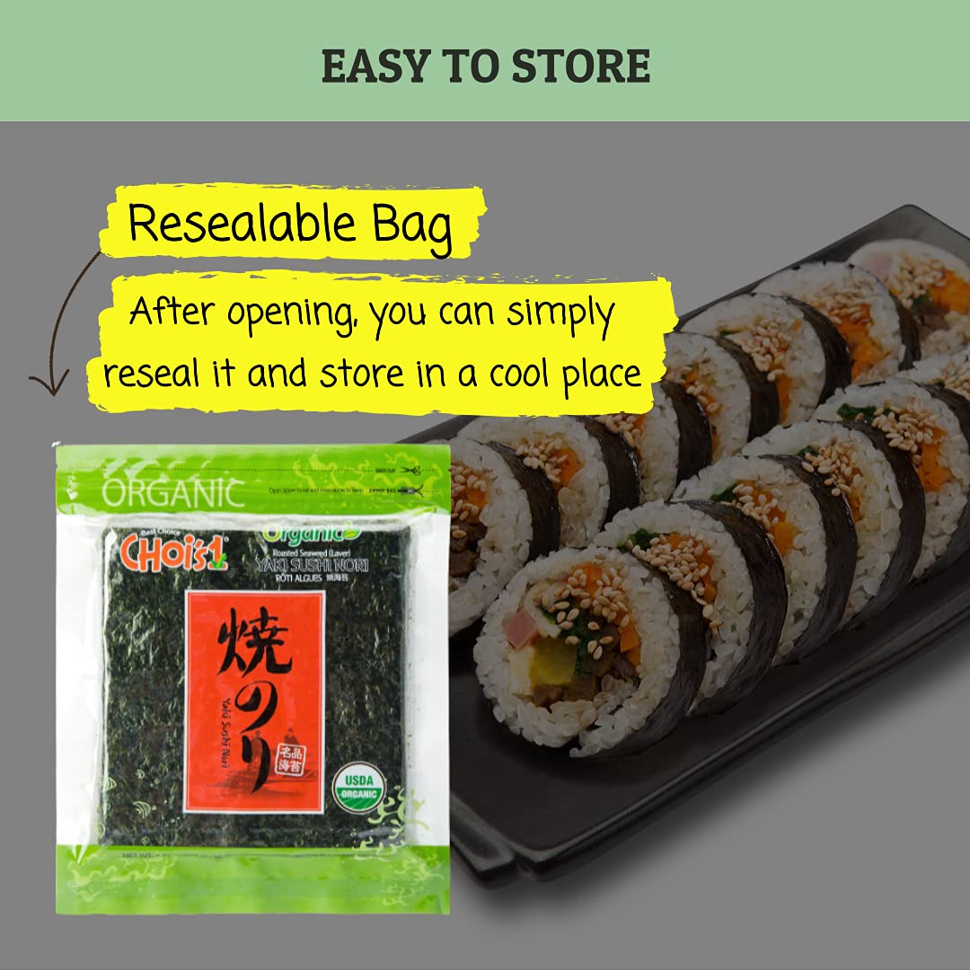 CHOI's 1 Organic Roasted Seaweed, Gim, Sushi Nori/ (50 full sheets)/ Product of Korea/ Gold Grade- Vegan, Keto, Gluten Free, Full of Fiber, Vitamin, Mineral, High protein, Omega 3's