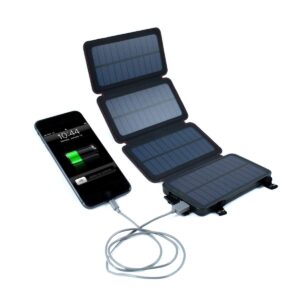 survival frog quadrapro solar charger power bank - 5.5w 4-panel portable wireless phone charger - compatible with iphone, android, 2 usb port, flashlight, magnetic case, hanging loops - battery backup