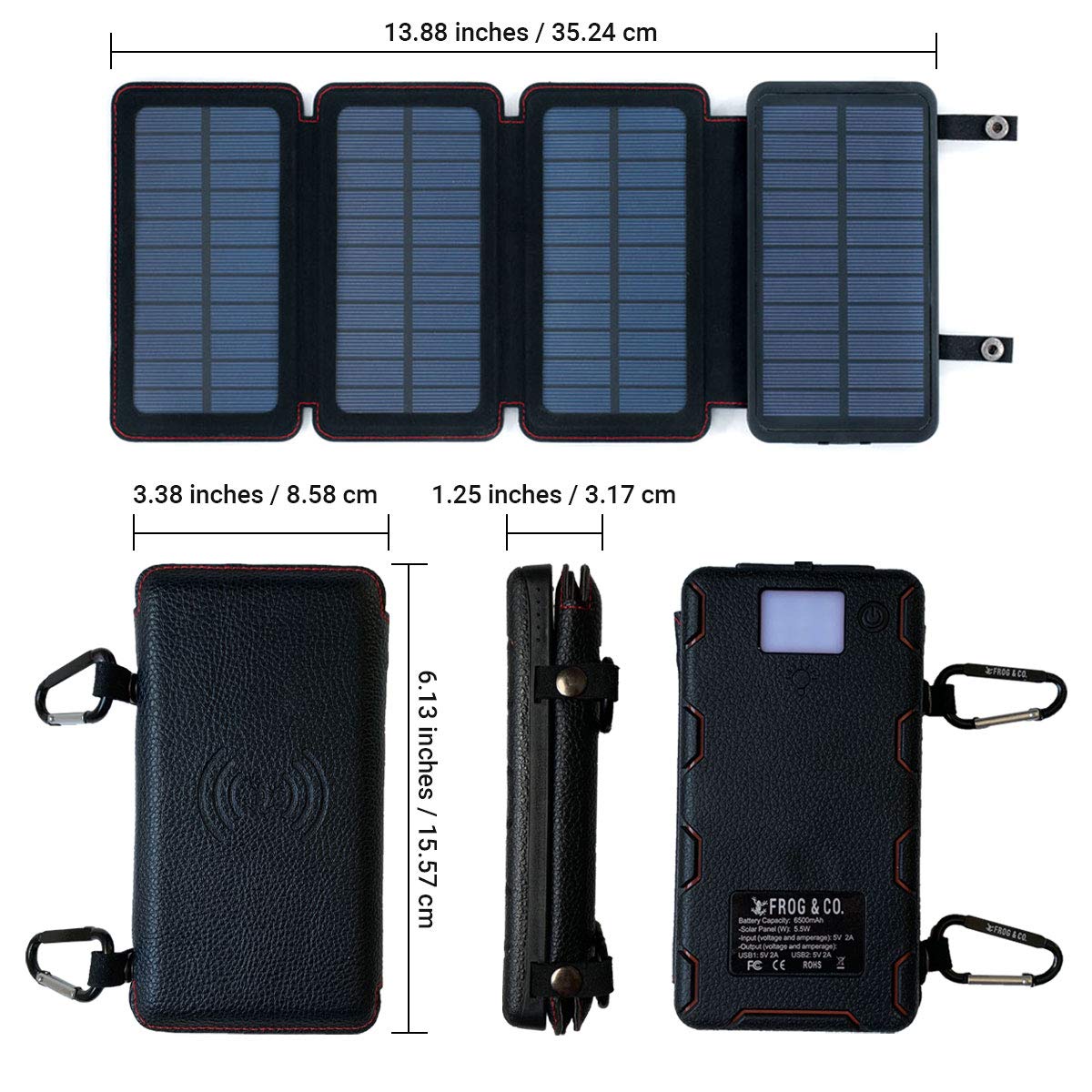 Survival Frog QuadraPro Solar Charger Power Bank - 5.5W 4-Panel Portable Wireless Phone Charger - Compatible with iPhone, Android, 2 USB Port, Flashlight, Magnetic Case, Hanging Loops - Battery Backup