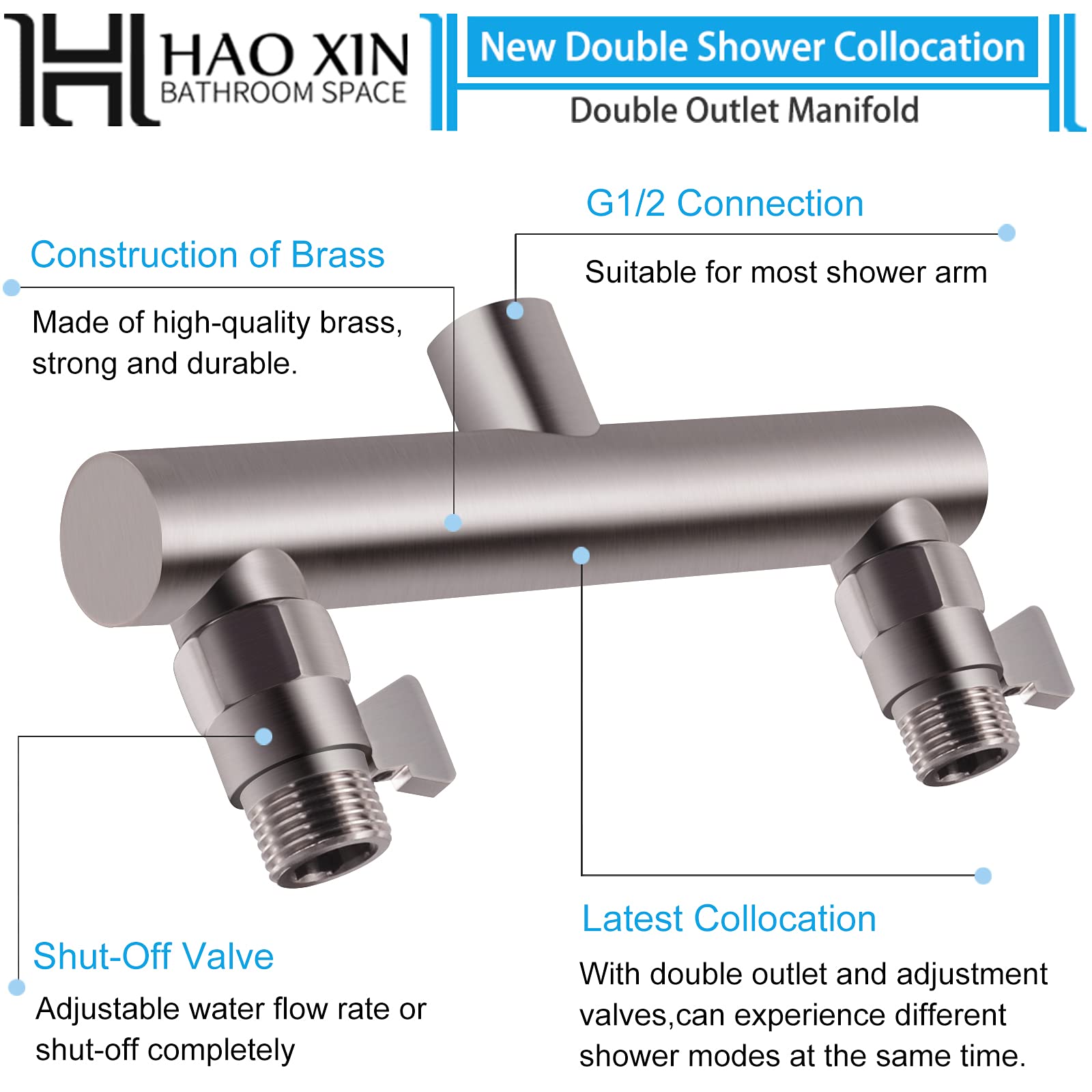 HAOXIN Shower Head Manifold with Double Outlet and Shut Off Valves for Dual Sprayer Showering System,Can Connect Two Showerheads,Brushed Nickel,STN02