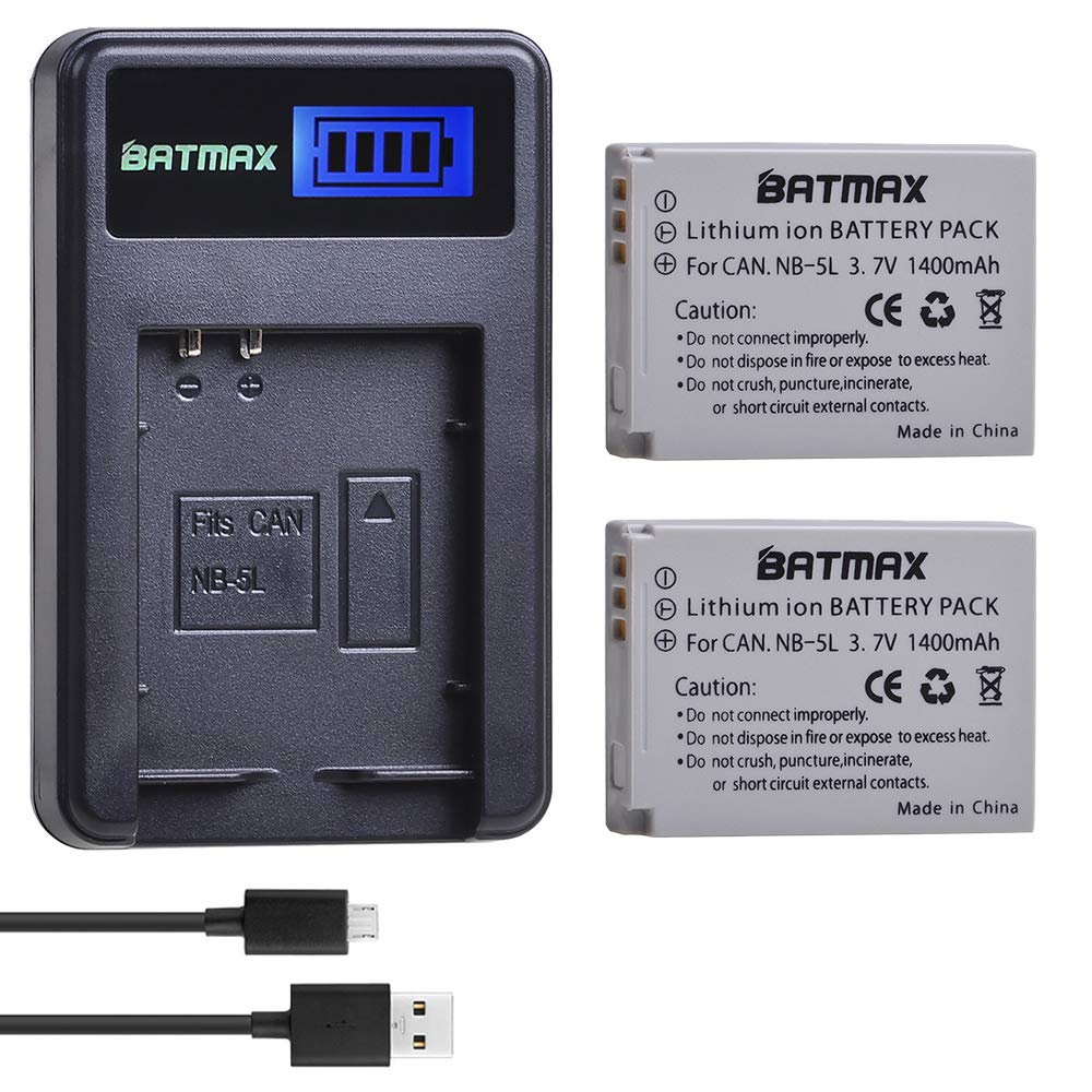 Batmax 2Pcs 1400mAh NB-5L NB5L Battery + LCD USB Charger for Canon PowerShot S100, S110, SD790IS, SD850IS, SD870IS, SD880IS, SD890IS, SD970IS, SD990IS, SX200IS, SX210IS, SX220IS, SX230HS Cameras