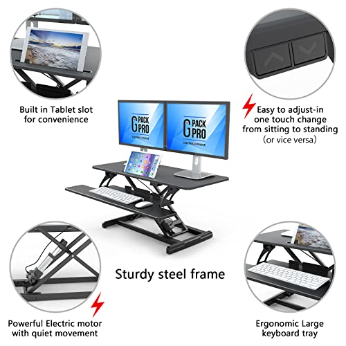 G Pack Pro Standing Desk Converter - Electric Height Adjustable Desk for Sit Stand Desk Workstation with Removable Keyword Tray and Space for Dual Monitors - Ergonomic Design for Maximum Productivity