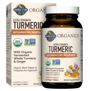 garden of life organics extra strength turmeric inflammatory response 120 tablets-100mg curcumin (95% curcuminoids) black pepper, probiotics, organic non-gmo vegan gluten free herbal supplement