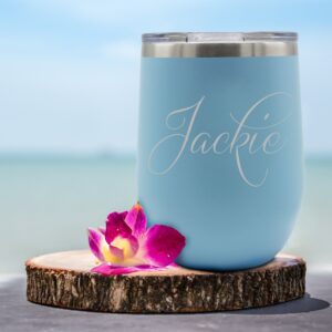 The Wedding Party Store, Personalized 12 oz Insulated Stemless Wine Tumbler - Custom Engraved and Monogrammed (Carolina Blue)