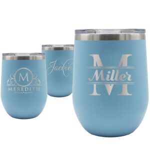 The Wedding Party Store, Personalized 12 oz Insulated Stemless Wine Tumbler - Custom Engraved and Monogrammed (Carolina Blue)