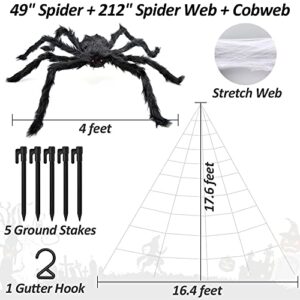 3pcs 212'' Halloween Spider Web 49" Halloween Spider Decorations Stretch Cobweb Fake Spider Giant Spider Web for Indoor Outdoor Halloween Decorations Yard Lawn Home Costumes Party Haunted House Décor